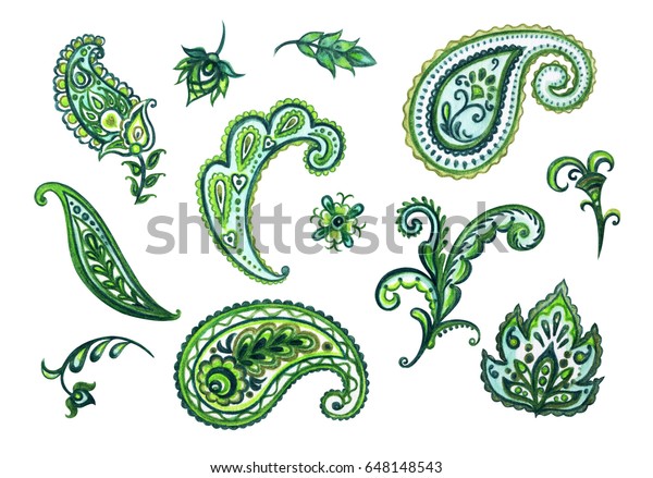 Set Elements Paisley Pattern Watercolor Illustration Stock Illustration ...