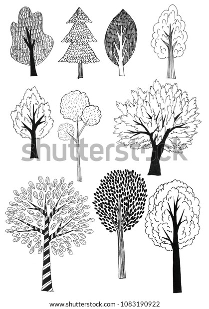 Set Illustrations Trees Pen Line Trees Stock Illustration 1083190922