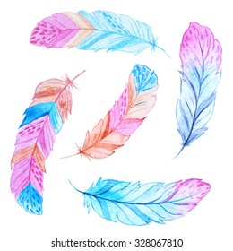 Set Isolated Watercolor Feathers Hand Painted Stock Illustration ...