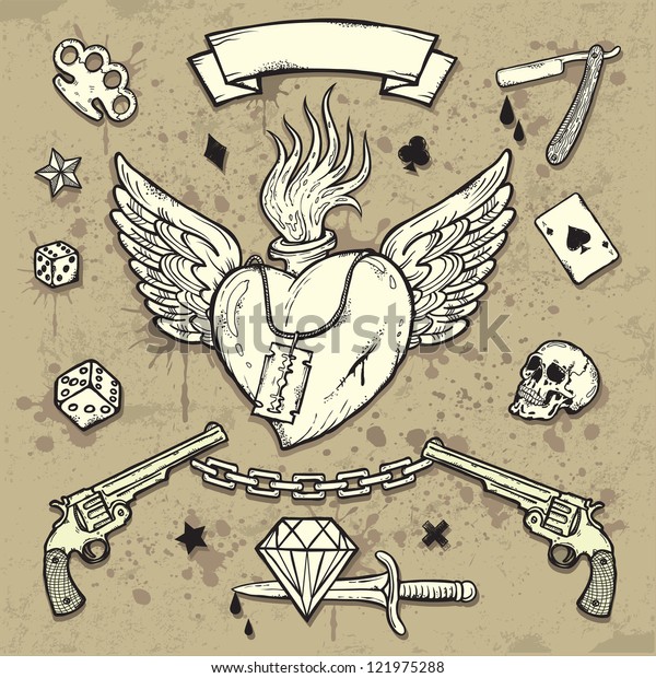Set Old School Tattoo Elements On Stock Illustration 121975288 ...