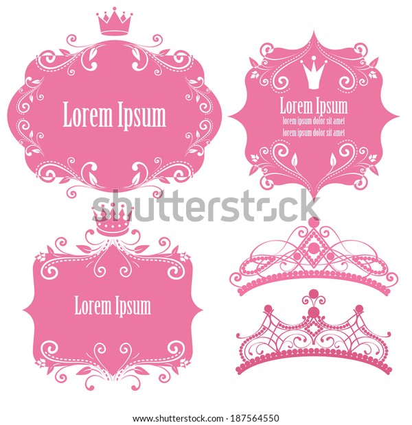 set of pink floral frames with crowns isolated on white background ...