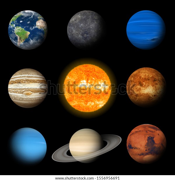 set of solar system planets and sun 3D render