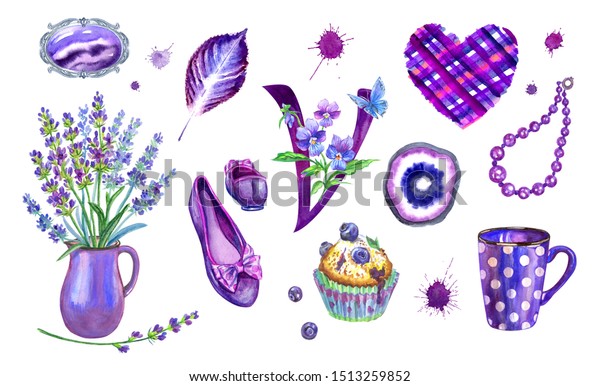 Set Violet Objects Brooch Lavender Bouquet Stock Illustration 1513259852