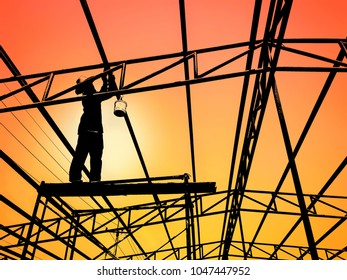 Shadow Construction Worker On Scaffolding Painting: ilustración de ...