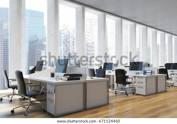 Side view of an open space office interior with a wooden floor, a ...