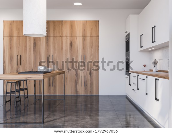 Side View Stylish Kitchen White Walls Stock Illustration 1792969036