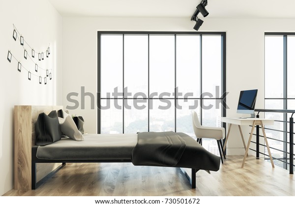 Side view of an upscale bedroom interior with a loft window, white ...