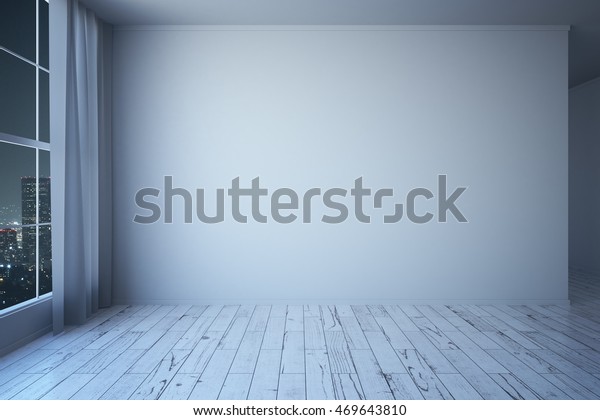 Side view of white minimalistic interior with wooden floor, blank ...
