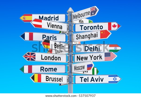 Signpost Names Cities 3d Rendering Stock Illustration 537507937