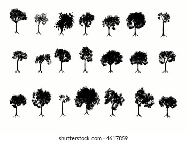 Vektor Stok Fifty Trees Silhouettes Vector Black Tree (Tanpa Royalti ...