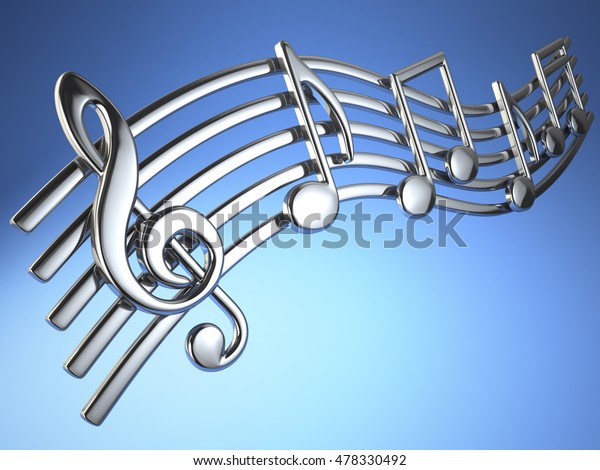 Silver music notes and treble clef on musical strings on blue ...