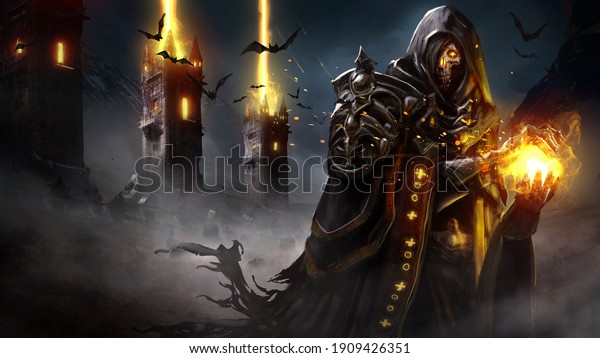 Sinister Skeleton Lich Forms Sphere Fire Stock Illustration 1909426351