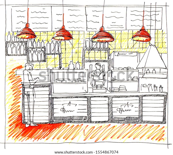 Sketch Cafe Interior Hand Drawn Illustration Stock Illustration 1554867074 | Shutterstock