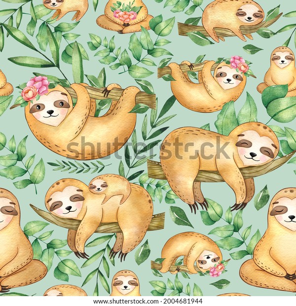 Sloth Digital Paper Seamless Pattern Stock Illustration 2004681944 ...