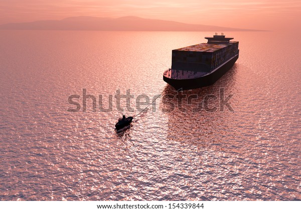 Small Boat Pulling Large Tanker Sea Stock Illustration 154339844