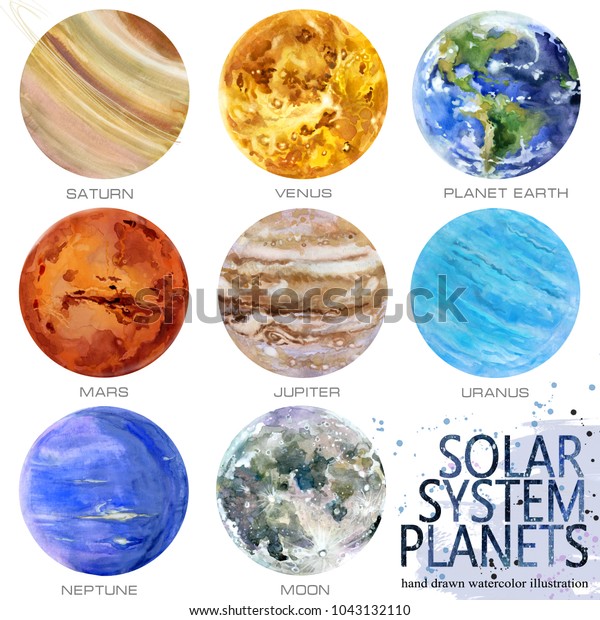 Solar System Planets Hand Drawn Watercolor: ภาพประกอบสต็อก 1043132110 ...
