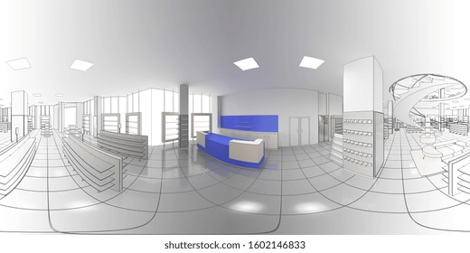Spherical Panoramic Render Store Interior Visualization: ภาพประกอบสต็อก ...
