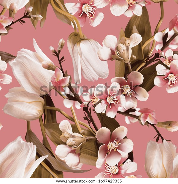 Spring Flowers Seamless Pattern Floral Background Stock Illustration ...