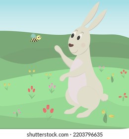 Spring Rabbit Touching Flying Bee Stock Illustration 2203796635 ...