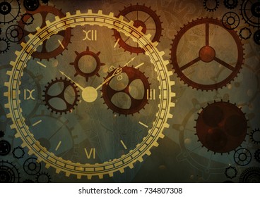 Steampunk Clock On Background Cogs Gears: ภาพประกอบสต็อก 734807308 ...