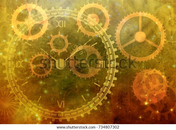 Steampunk Clock On Background Cogs Gears Stock Illustration 734807302