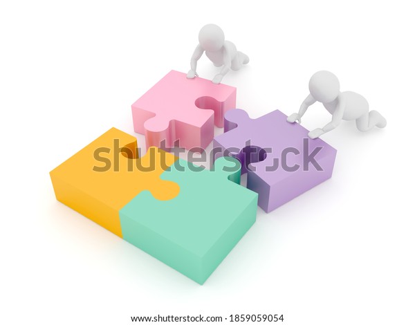 Stickman Teamwork Solving Puzzle Solution 3d Stock Illustration 1859059054