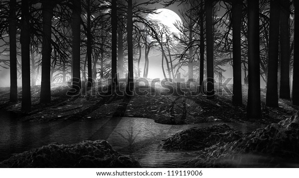 Stream Dark Forest Stock Illustration 119119006