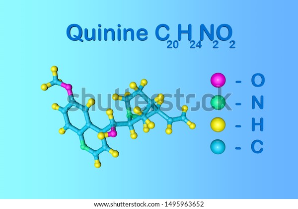 Structural chemical formula and molecular model of quinine. It is a ...