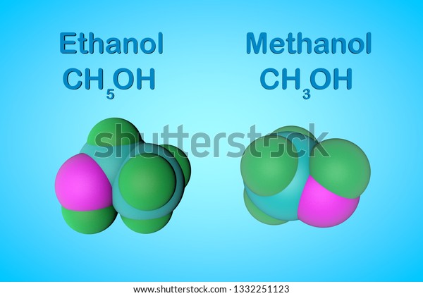 Structural chemical formulas and models of ethanol and methanol ...
