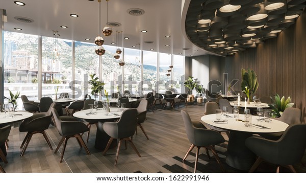 Stylish Restaurant Interior Large Windows Modern Stock Illustration ...