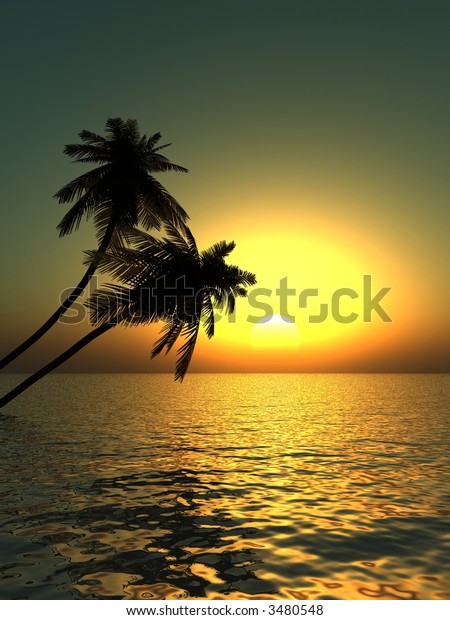 Sunset Coconut Palm Trees On Ocean Stock Illustration 3480548 ...