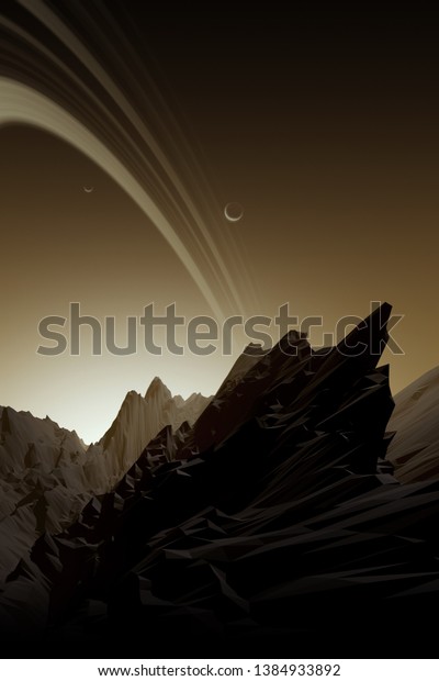 Sunset On Ringed Planet Mountains Science Stock Illustration 1384933892 ...