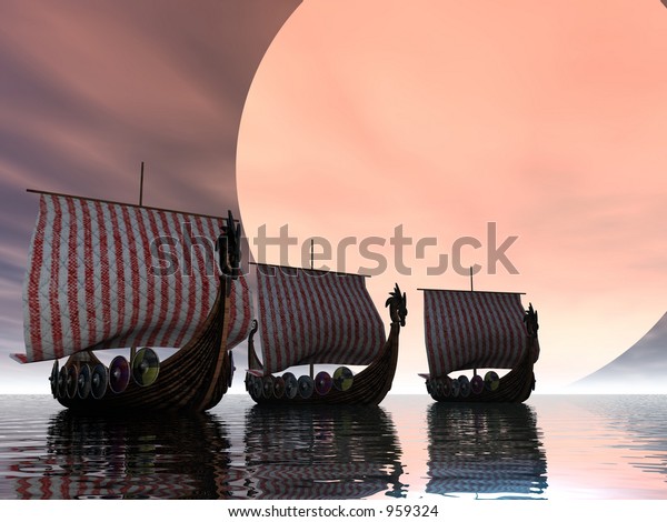 Sunset Viking Fleet Stock Illustration 959324