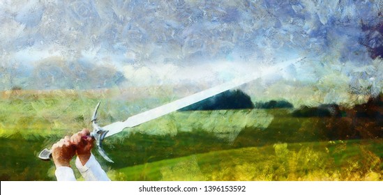 Sword Hand Landscape Background Computer Painting Stock Illustration ...
