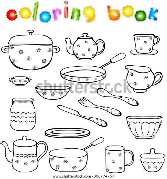 Tableware Kitchenware Coloring Book Illustration Children Stock ...