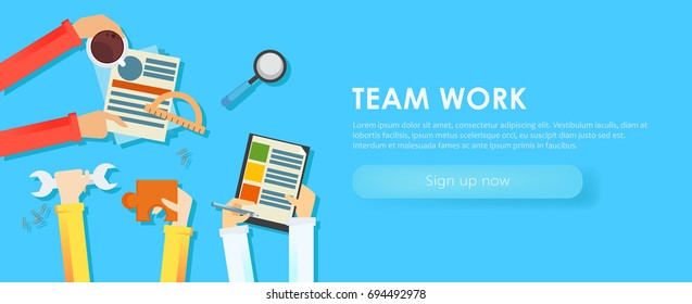 Team Work Banner Hands Objects Document Stock Illustration 694492978 ...