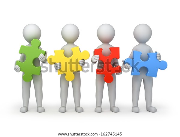 Teamwork Four Persons Different Puzzles 3d: ilustrações stock 162745145 ...