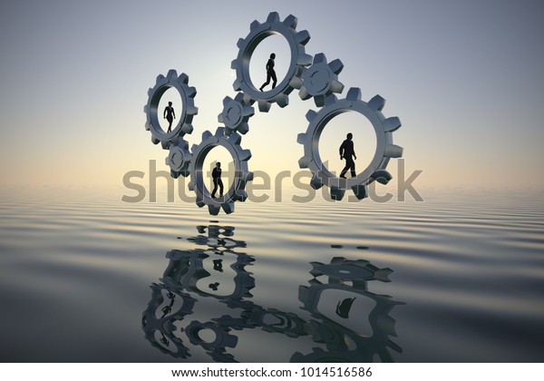 Teamwork On Gears Over Ocean Sunset Stock Illustration 1014516586 ...