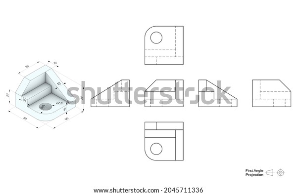 Ilustrasi Stok Technical Drawing 3d Model Perspective Orthogonal ...