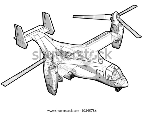 A technical illustration of a V-22 helicopter.