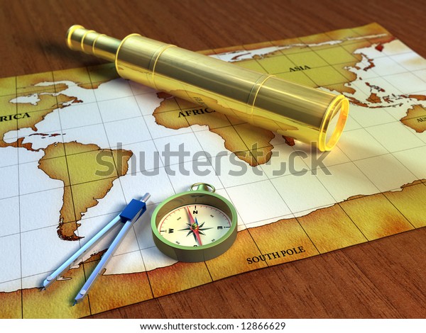 Telescope Compass On World Map Digital Stock Illustration 12866629