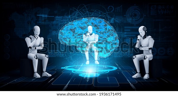 Thinking Ai Humanoid Robot Analyzing Hologram 库存插图 1936171495 ...