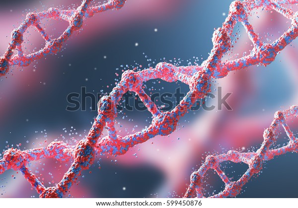 Tres cadenas de ADN diagonal rojas contra fondo azul oscuro. Concepto ...
