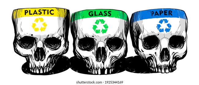 Three Skulls Containers Sorting Garbage Isolated Stock Illustration ...