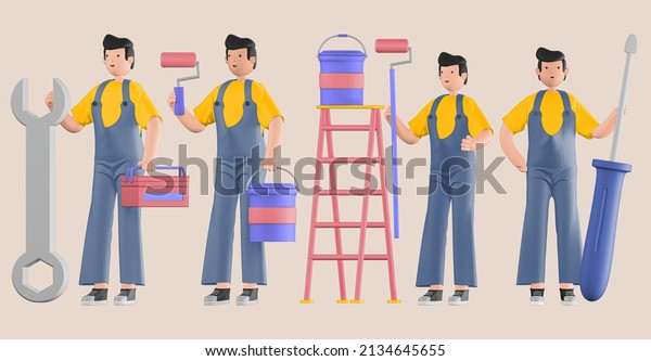 Tool Guy Character Set 3d Rendering Stock Illustration 2134645655 ...