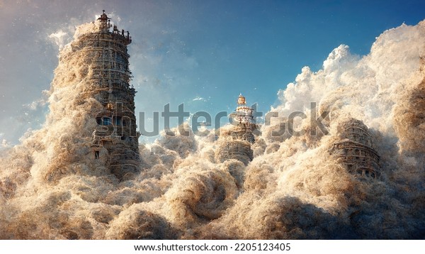 Top Babel Tower Surrounded By Clouds Stock Illustration 2205123405 ...