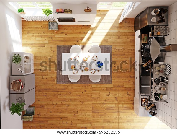 Top View Modern Kitchen Room 3d Stock Illustration 696252196 | Shutterstock