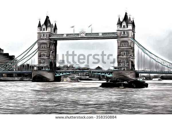 Tower Bridge Over River Thames Drawing Stock Illustration 358350884