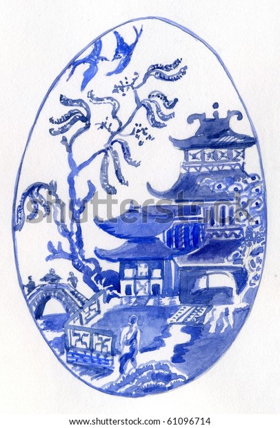 Traditional Blue White Willow Pattern Design: стоковая иллюстрация ...