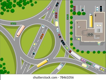 Roundabout Cars Road Markings Trees Buildings Stock Vector (Royalty ...